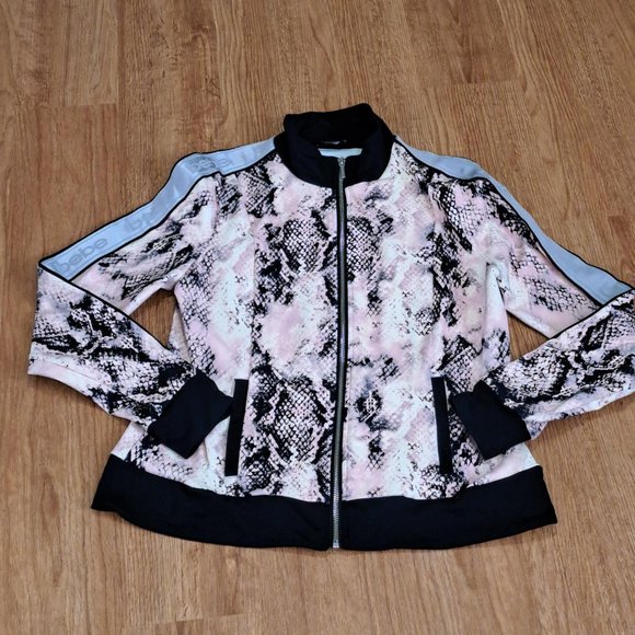 bebe | Jackets & Coats | Bebe Pink Snake Print Fabric Atheltic Jacket ...